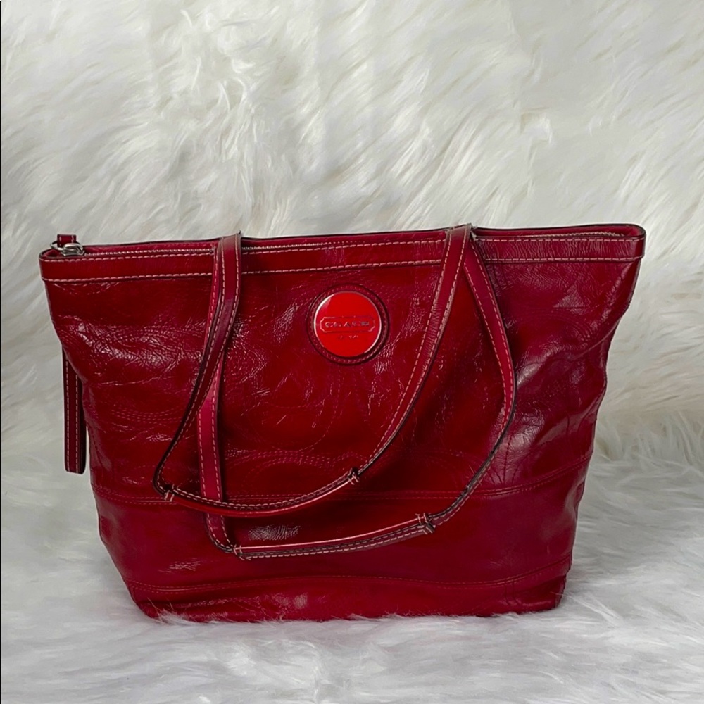 Coach Signature Red Patent Leather Tote Bag Purse - Gem